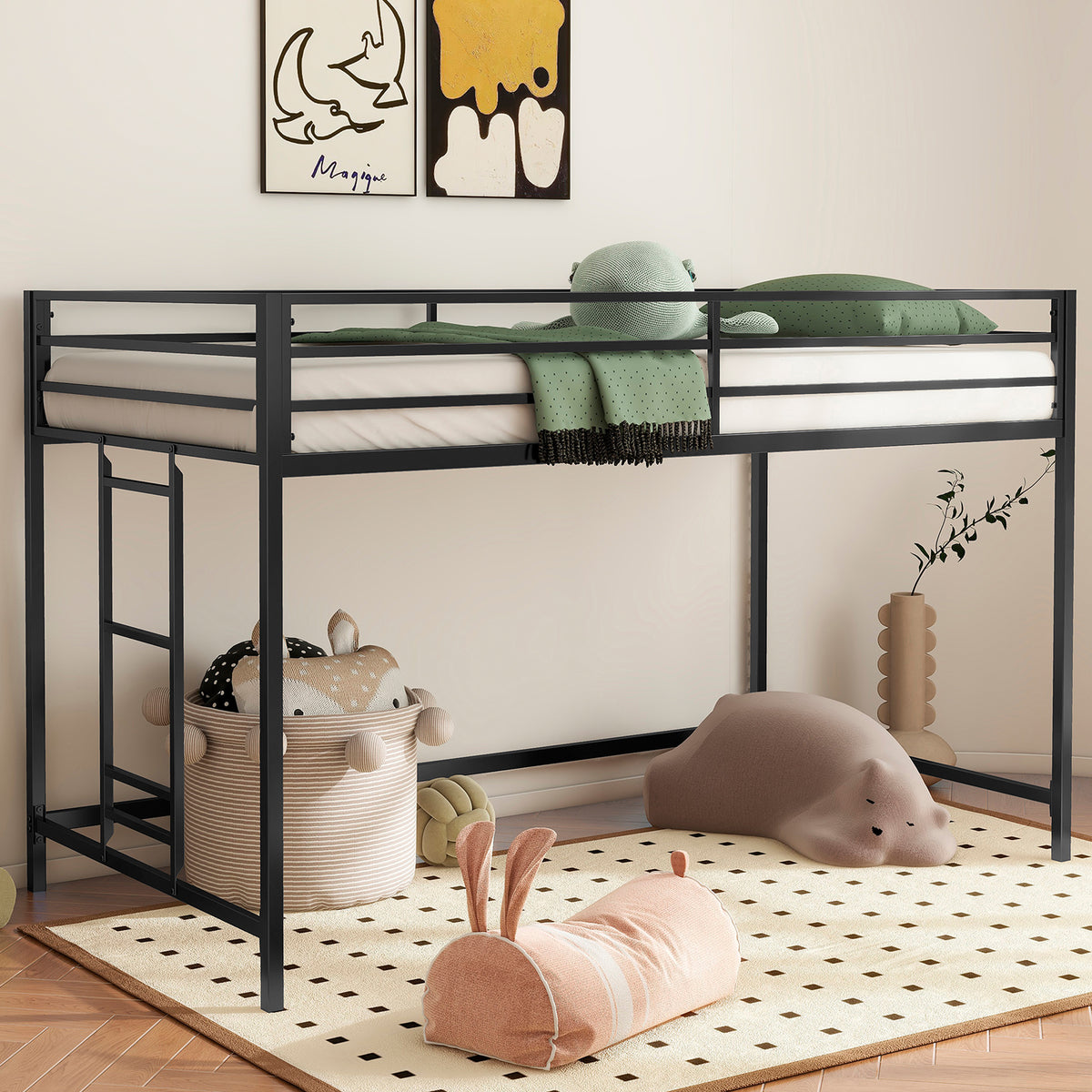 uhomepro Junior Twin Loft Bed, Metal Twin Loft Bunk, Classic Square Lo ...