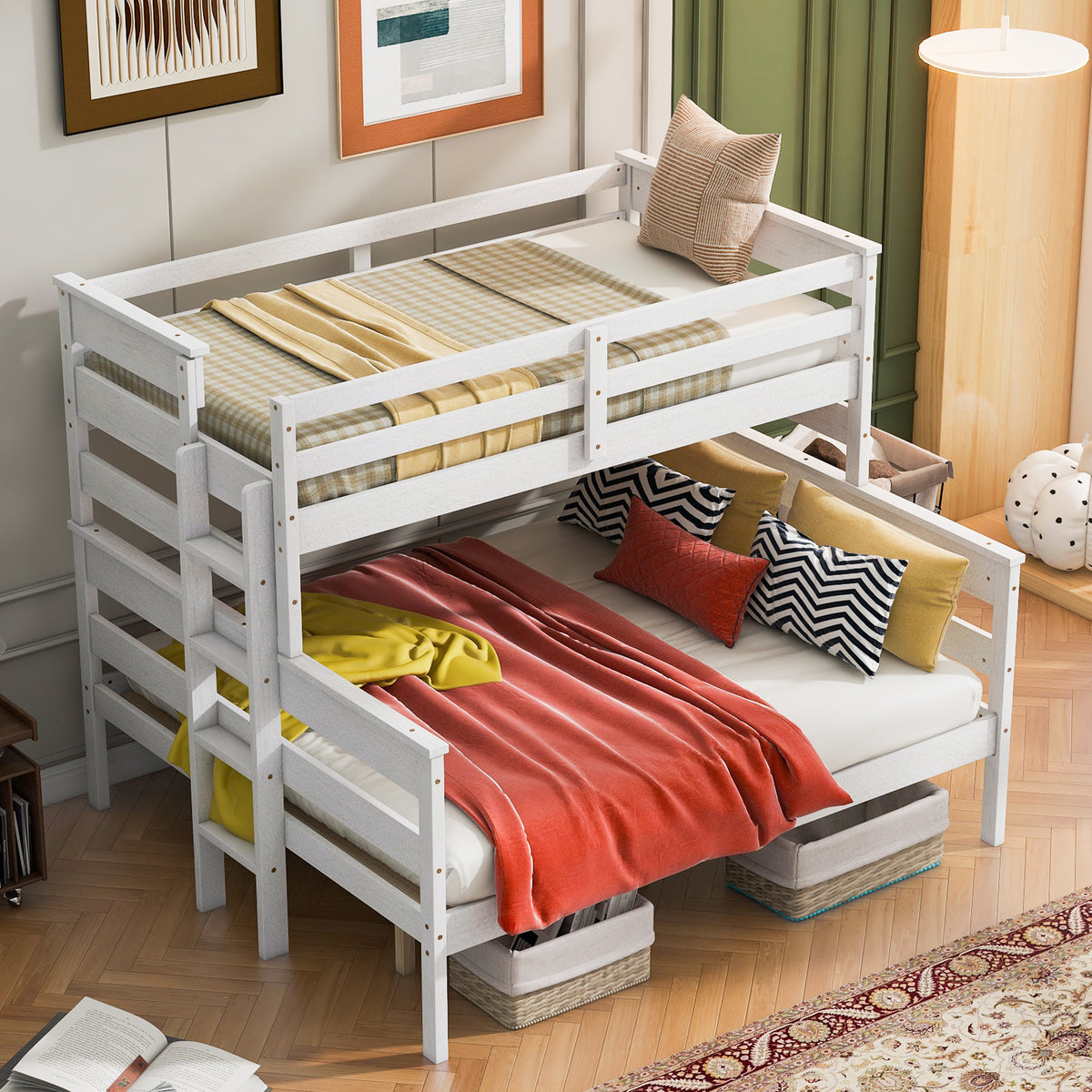 uhomepro Twin over Queen Bunk Bed, Convertible Bunk Bed Frame with Saf ...
