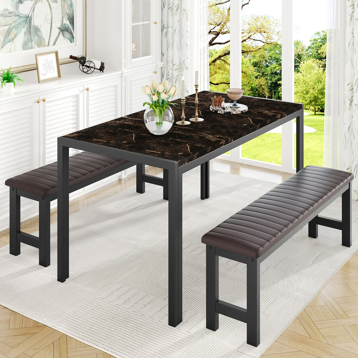 UHOMEPRO Dining Table Set for 4, Faux Marble Kitchen Table with 1 Tabl ...