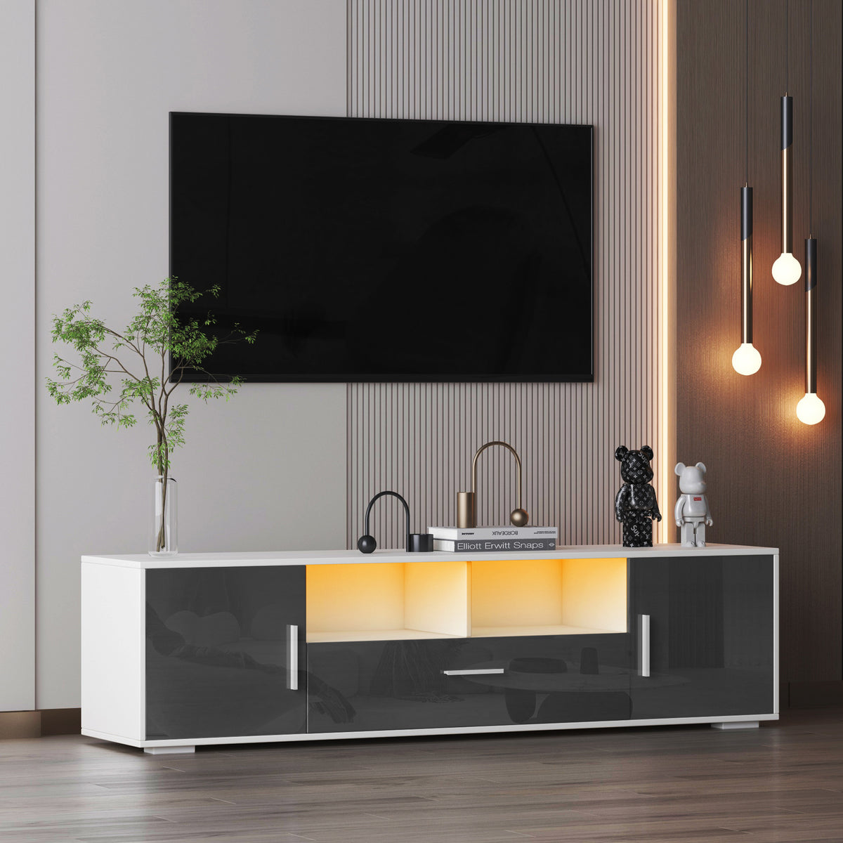 uhomepro Modern LED TV Stand for 70 Inch TVs, High Glossy Wood TV Ente ...